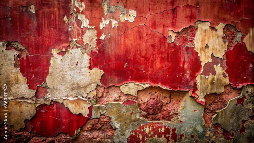 Distressed, aged, blood-red wall with cracked plaster, faded paint, and ...