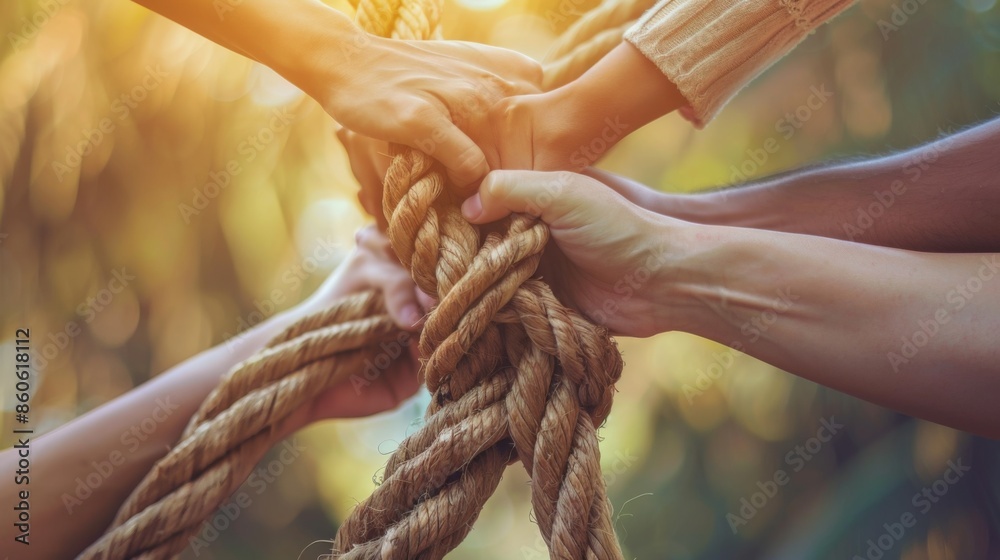 Multiple hands gripping thick ropes tightly, symbolizing strength ...