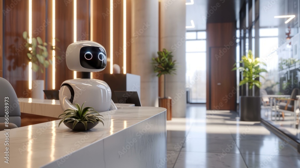 Robot receptionist at modern office building. A white robot stands at a ...