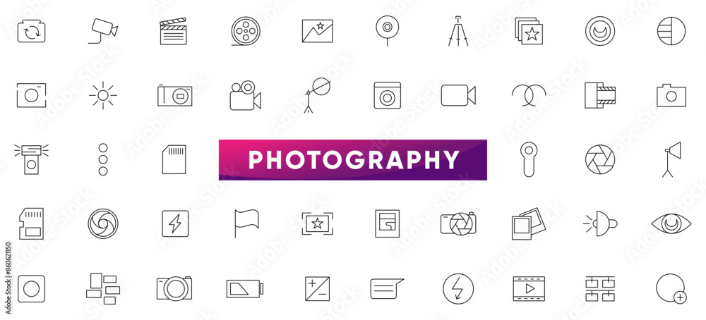 Photography linear icon set. Camera, photo, photographer, studio light, film cameras and ...
