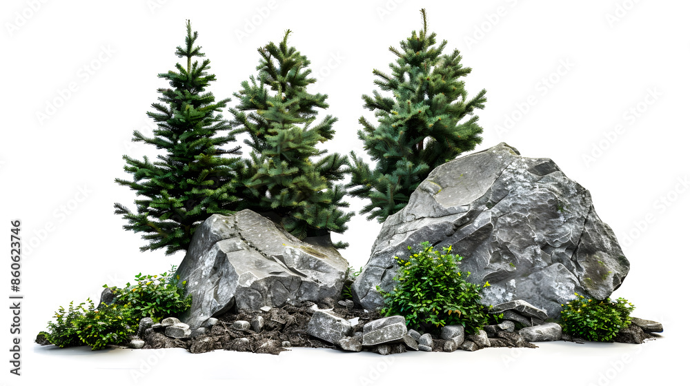 Cutout rock surrounded by fir trees Garden design isolated on white ...