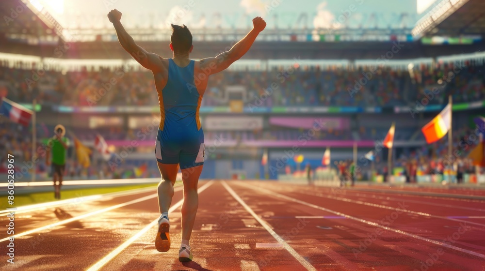 Create an image of a victorious moment at the finish line of a track ...