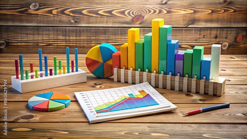 Colorful bar graph and pie chart diagrams filled with numbers and ...