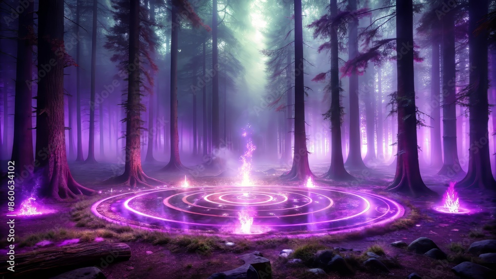 Mystical vortex of swirling purple mist surrounds ancient glowing runes ...
