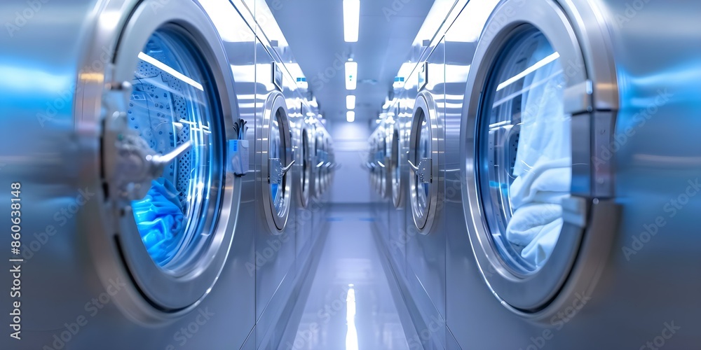 Inside a luxurious hotel laundry room with industrial machines washing ...