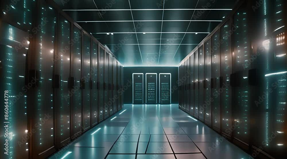 Hightech data center with server racks digital connections ...