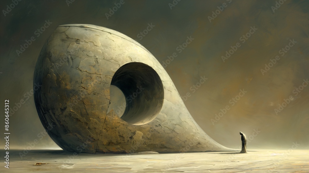 man standing front large sculpture absurdism sweeping arches still ...