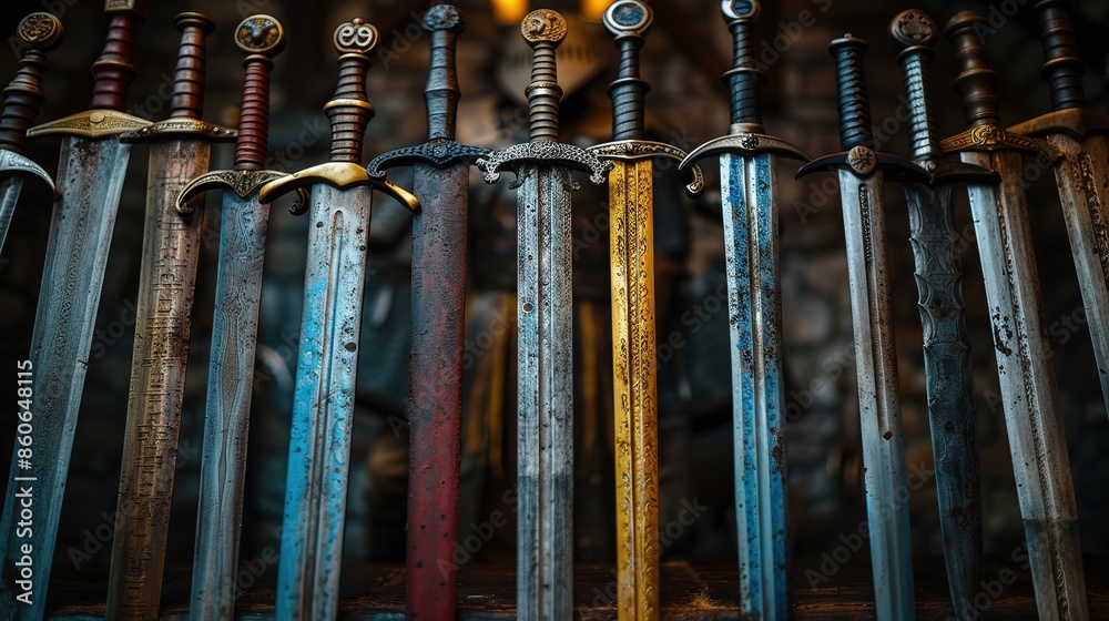 An array of diverse swords, each bearing its own tale of craftsmanship ...