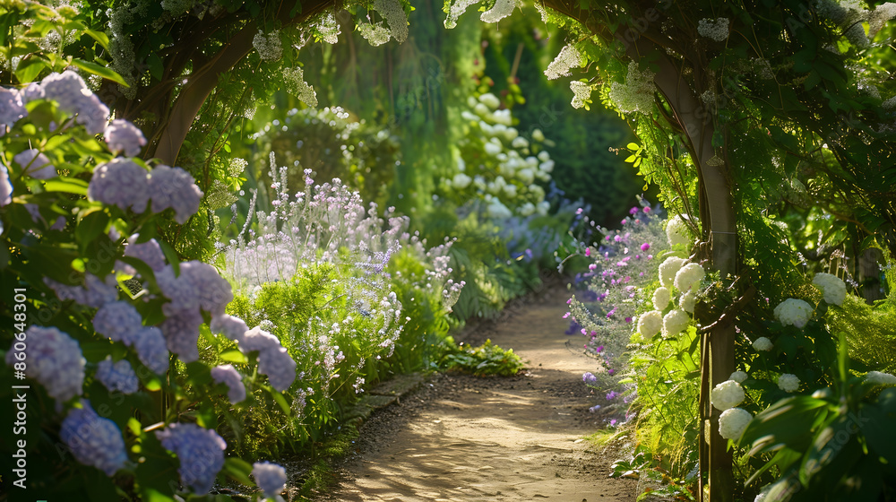 White and blue natural english cottage garden view with curvy pathway ...