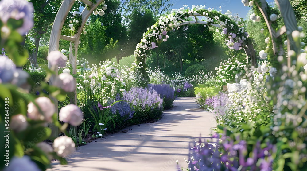 White and blue natural english cottage garden view with curvy pathway ...
