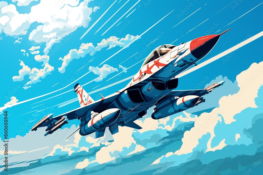 Illustrator 2D scene of a striker jet and eagle on a pure blue ...