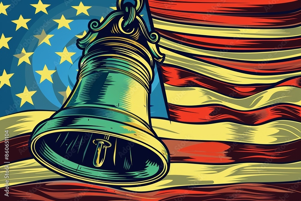 Illustrator image of Liberty Bell with USA flag. Detailed bell, stars ...