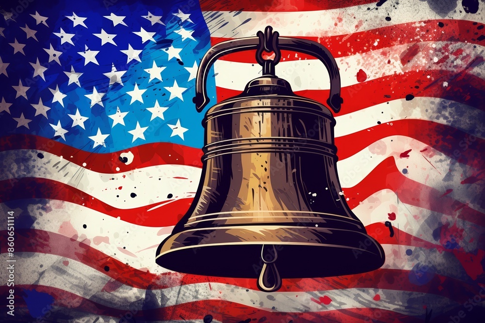 Illustrator image of Liberty Bell with USA flag. Detailed bell, stars ...