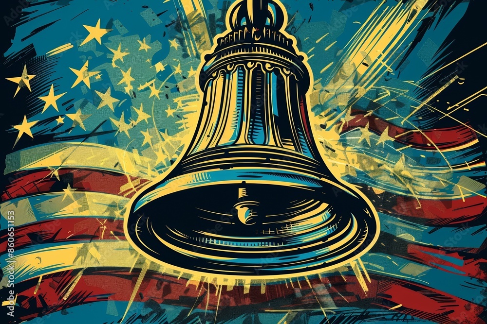 Illustrator image of Liberty Bell with USA flag. Detailed bell, stars ...