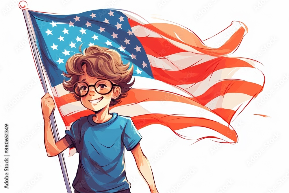 Patriotic kid holding USA flag in hand-drawn style. Child smiling ...