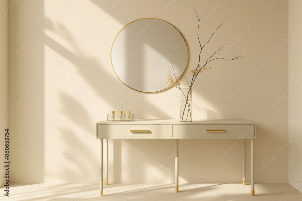 An empty modern minimal dressing table is set against a cream wall in a ...