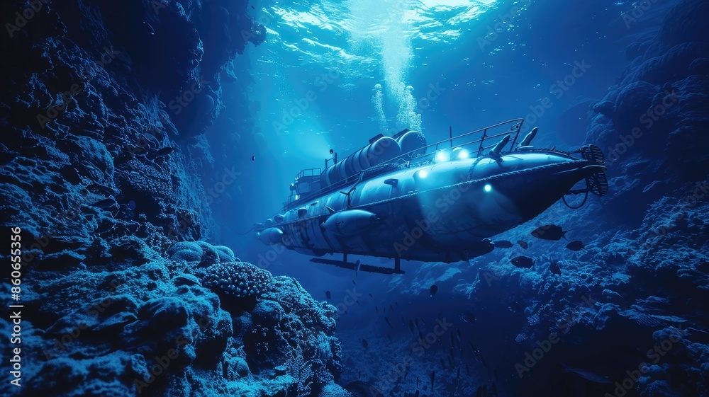 Submarine underwater in deep-sea trench with rocky formations and blue ...