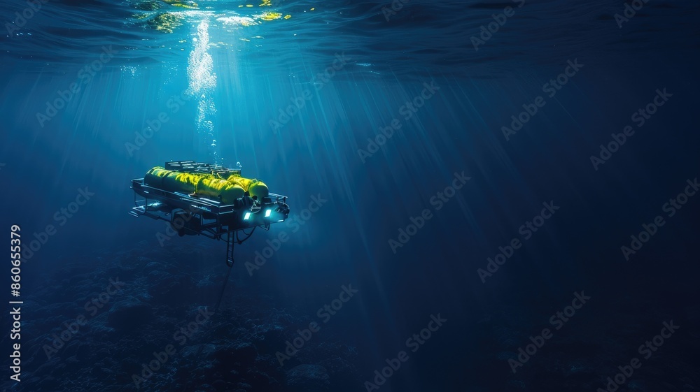 Underwater vehicle submerged with lights on in ocean depths Stock ...