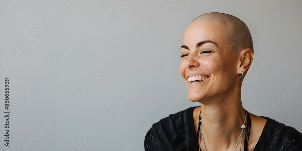 Smiling cancer patient with shaved head undergoing chemotherapy ...