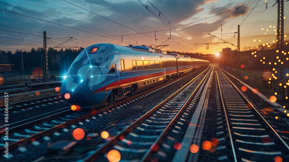 An advanced high-speed train navigates the tracks at dawn, reflecting ...