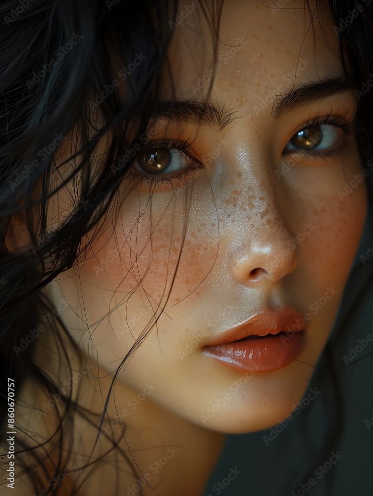 closeup woman freckles face angelic vaporous tan skin breathtaking ...