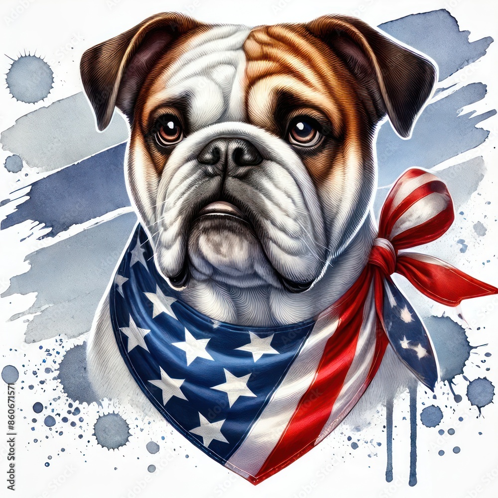 Patriotic Watercolor of a Bulldog Dog, Wearing an American flag bandana ...