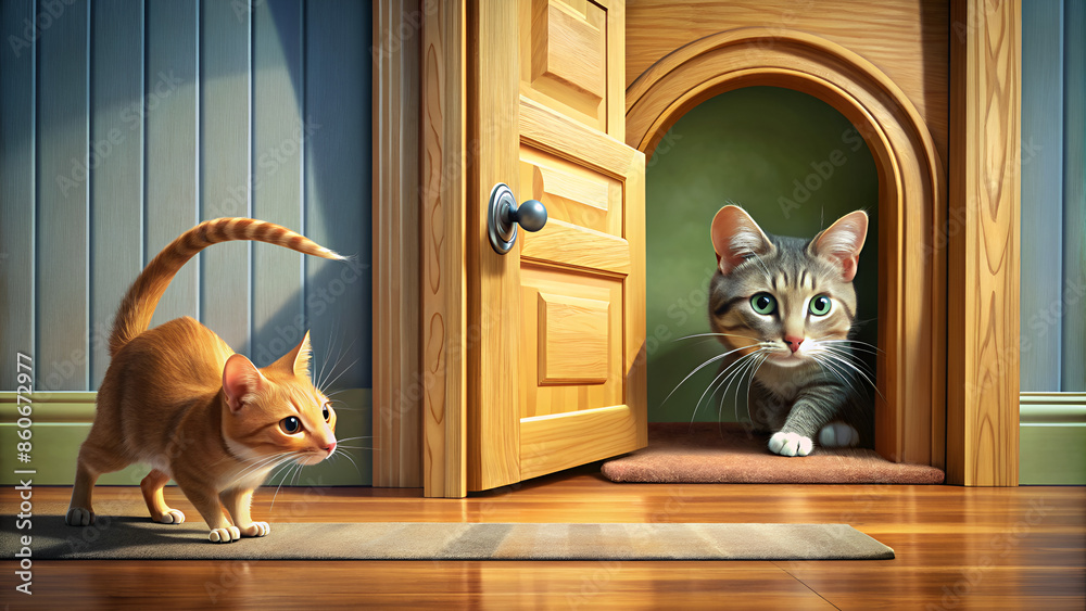 Cat lurk and track mouse near tiny arch entrance in baseboard with open ...