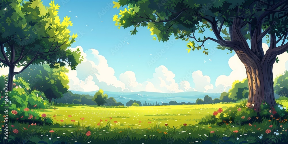 cartoon illustration green trees flowers panoramic imagery zoomed out ...