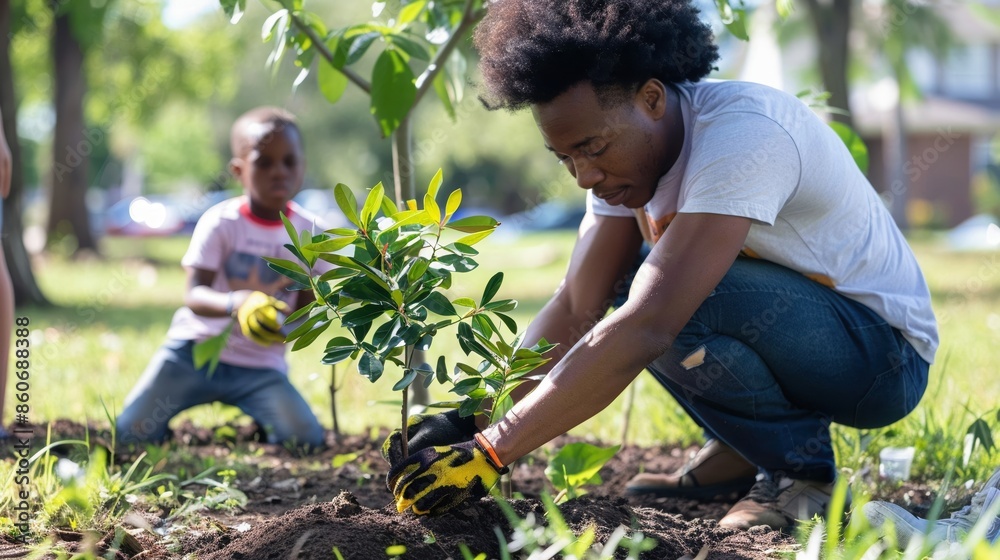 A family participating in a Juneteenth community service project ...