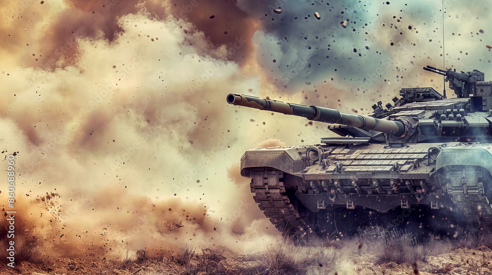 Army tank fifth generation modern war weapon smoke background with ...