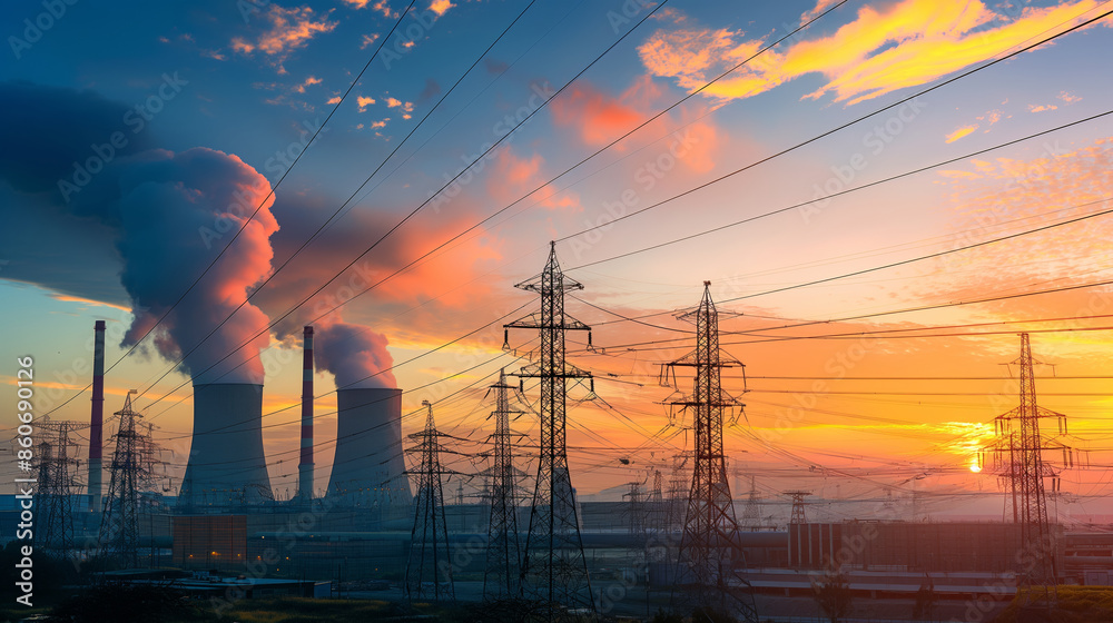 Sunset over a power plant with cooling towers emitting smoke, framed by ...