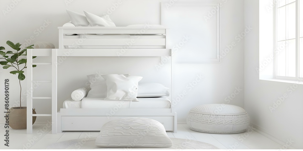 Childs room with white bunk bed and mockup frame cozy interior. Concept ...