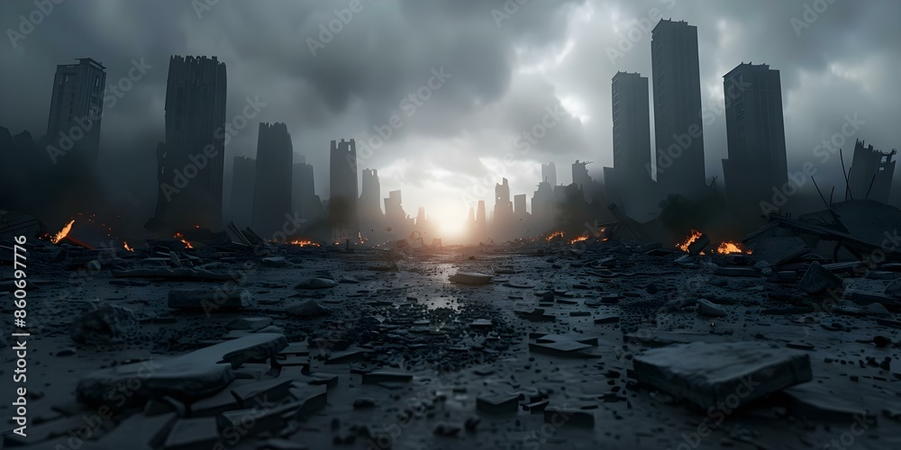 City in ruins consumed by flames aftermath of an apocalyptic disaster ...
