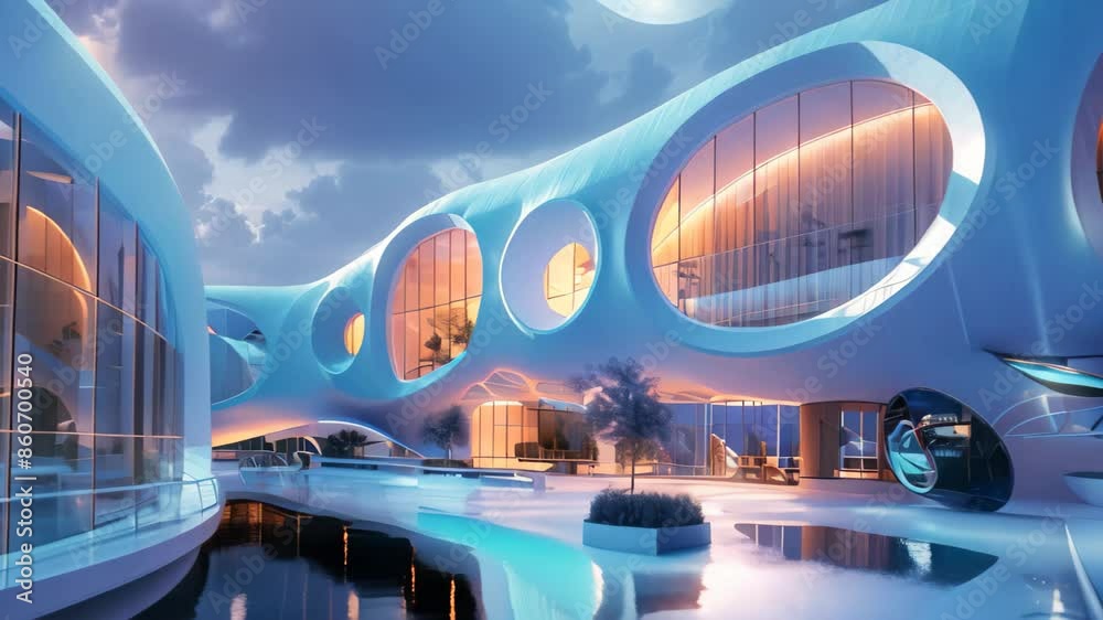 Futuristic Building With Pool, Create a futuristic school building equipped with advanced ...