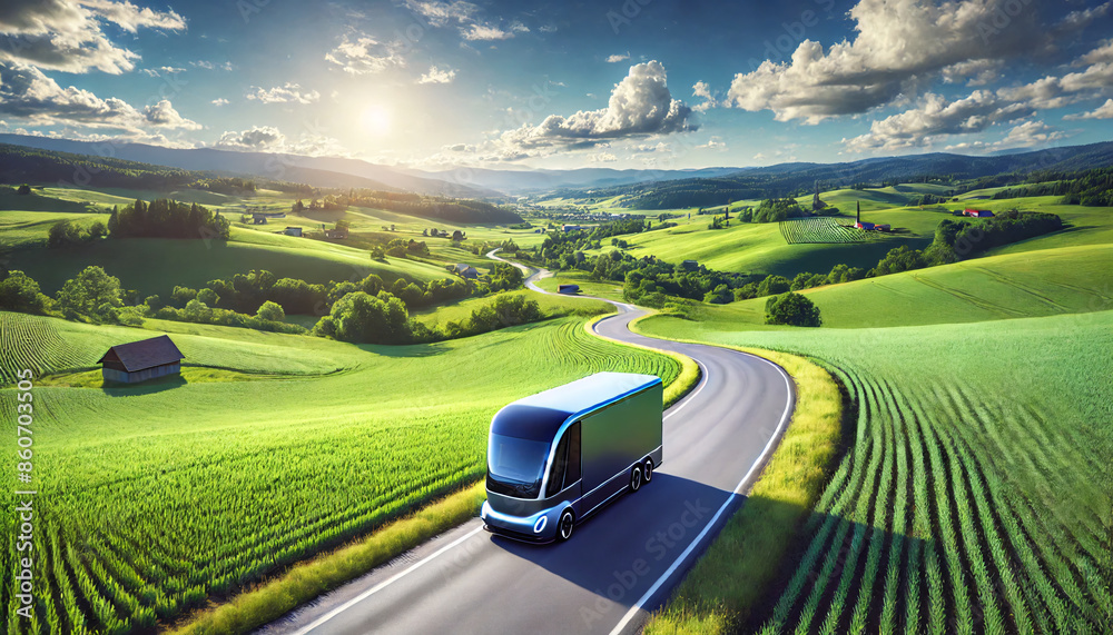 autonomous delivery truck driving through a scenic countryside ...