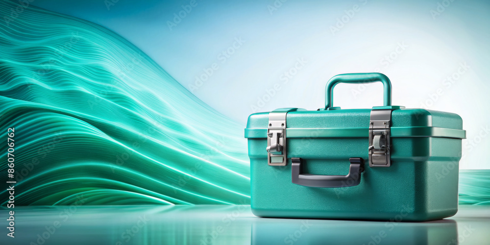 Teal toolbox with a metal latch is centered on a reflective surface ...