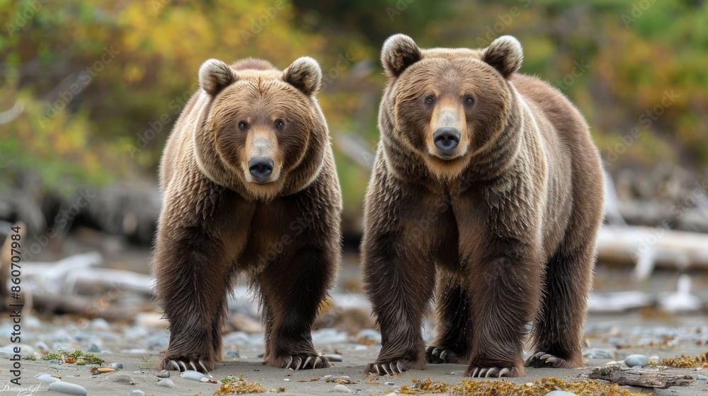 Two brown bears standing together in the wilderness, surrounded by lush ...