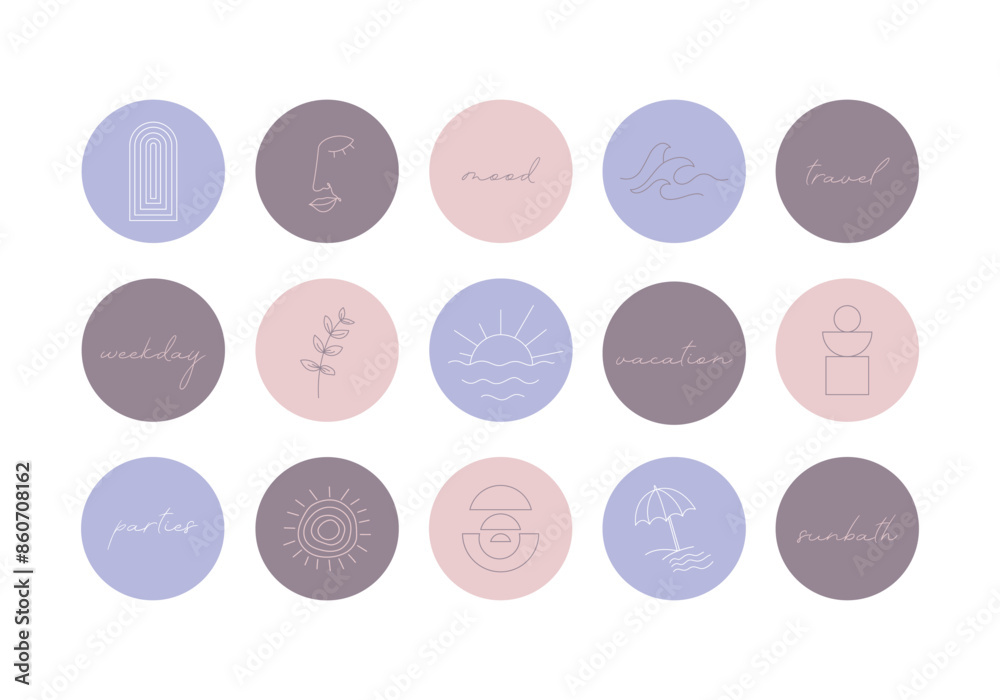 A set of minimalist stickers on the theme of summer and rest in pastel ...