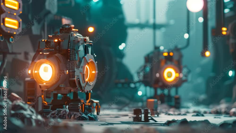 A sci-fi scene depicting an advanced automated mining rig in operation ...