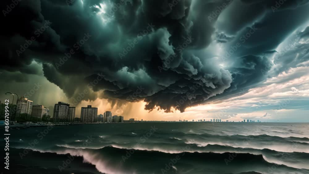 Dark storm cloud hanging over a beach with distant buildings in ...