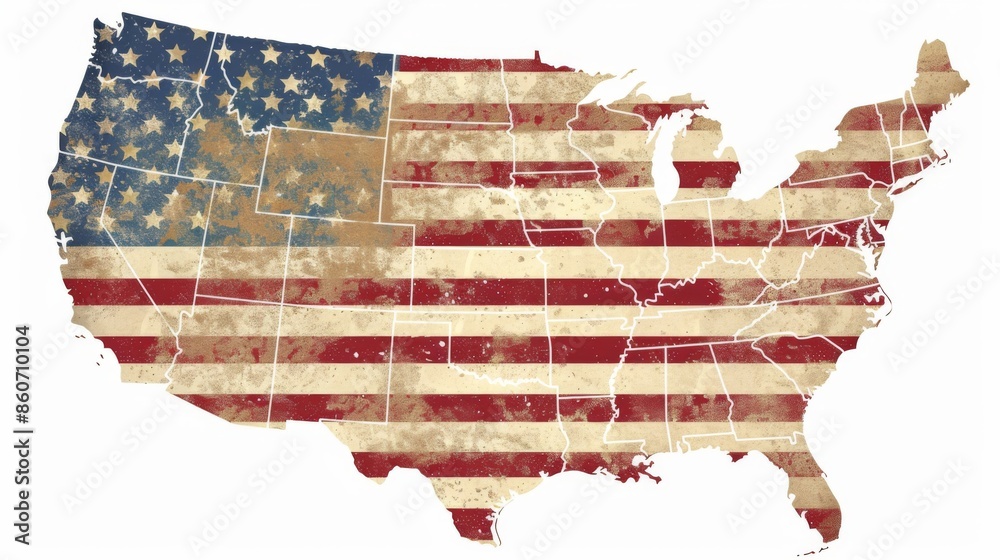 This artwork shows a rustic map of the United States with an American ...