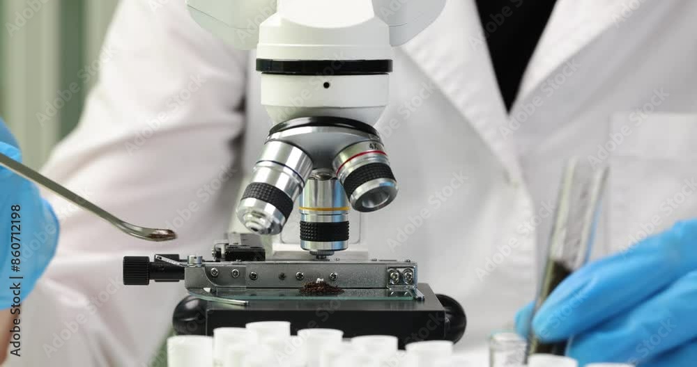 Laboratory worker takes soil from test tube and puts under microscope ...