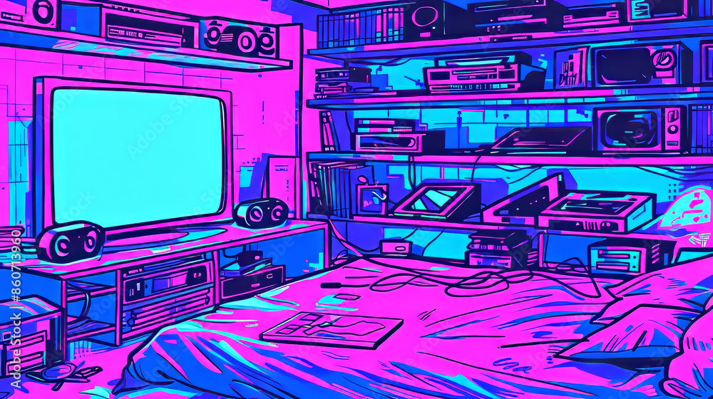 Interior of a 1990s living room featuring a CRT TV, VHS player, large ...