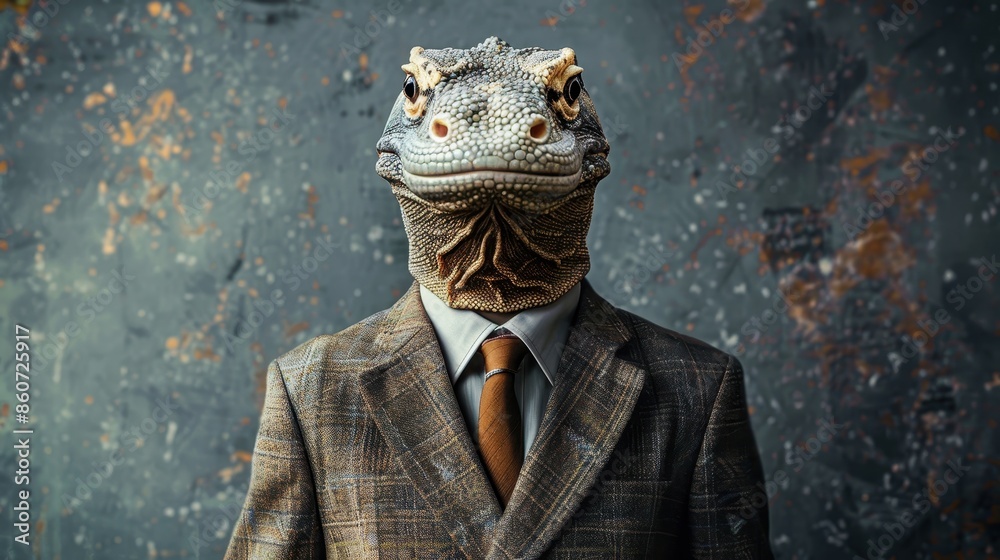 Composite of a lizard's head and a human's torso and arms, dressed in a ...