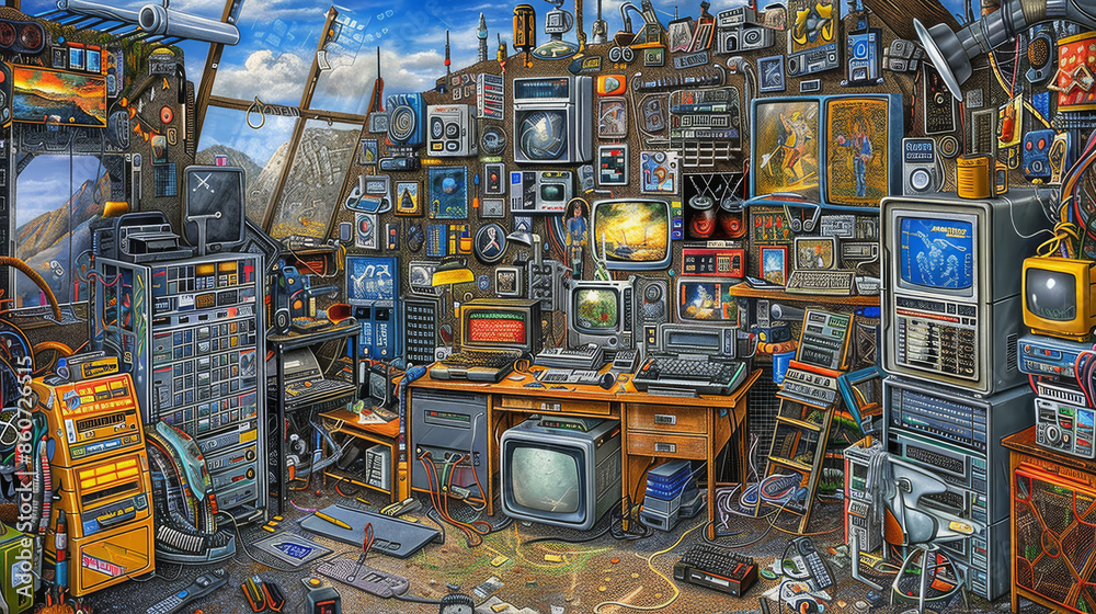 A 1990s technology lab featuring old computers, dot matrix printers ...