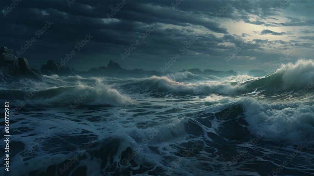 A breathtaking view of the turbulent ocean waves crashing under a dark ...