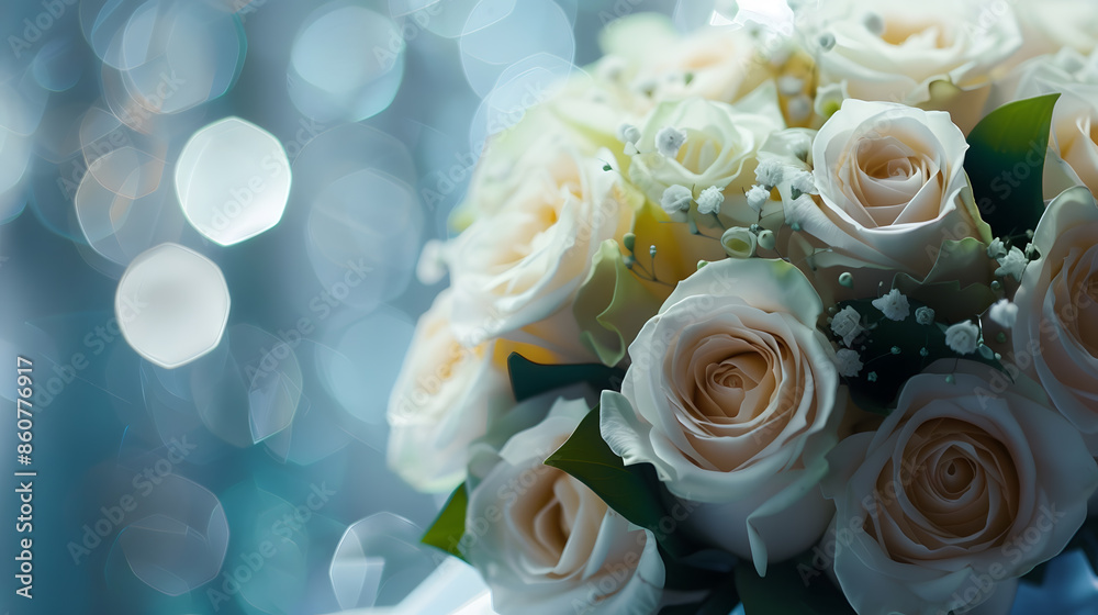 This image beautifully captures a bridal bouquet in sharp focus composed of pristine white roses ...