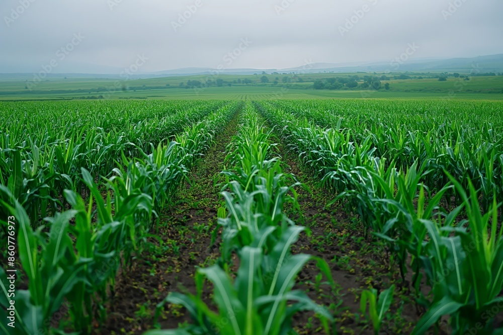Rows of green corn stalks sprawled across a large field under a cloudy ...
