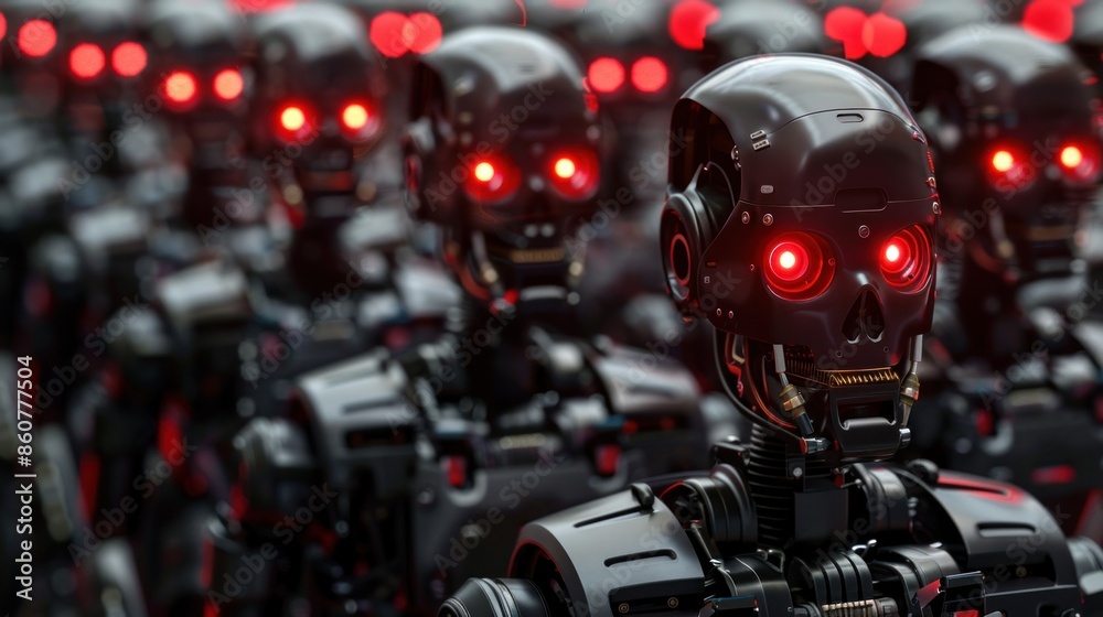 Army of robots soldiers technology futuristic warfare marches glowing ...