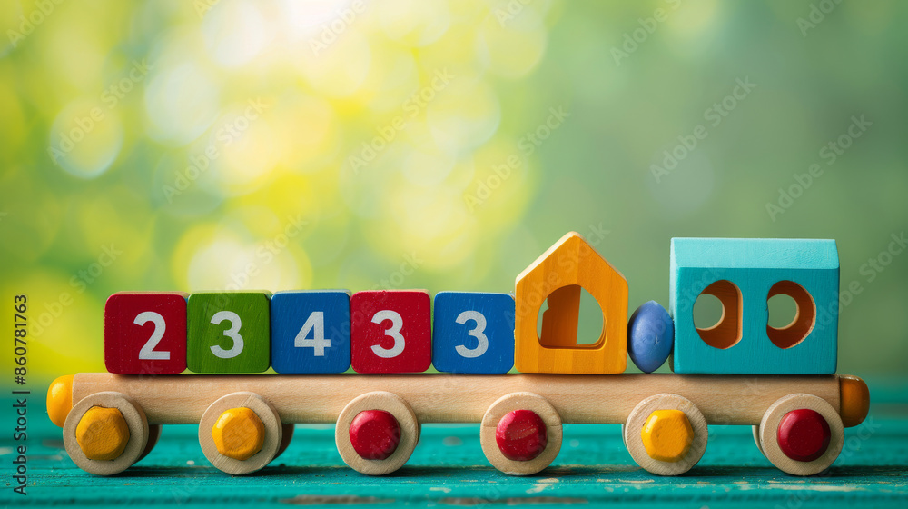 Colorful educational wooden toy train carrying blocks with numbers and ...